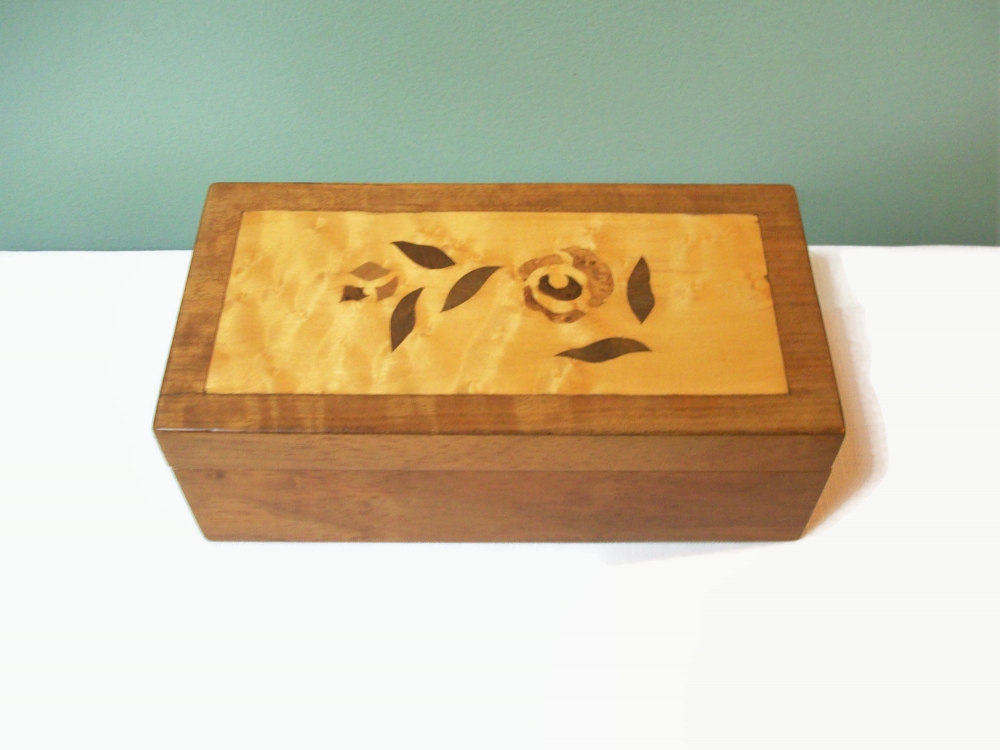 Vintage Wood Inlay Box with Rose Floral Motif Hinged Lid and Velvet ...