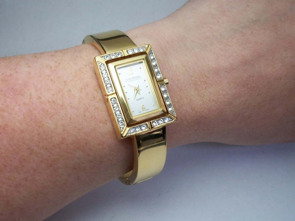 Joan Rivers Gold Pave Crystal Quartz Watch & Reversible Hinged Bangle ...