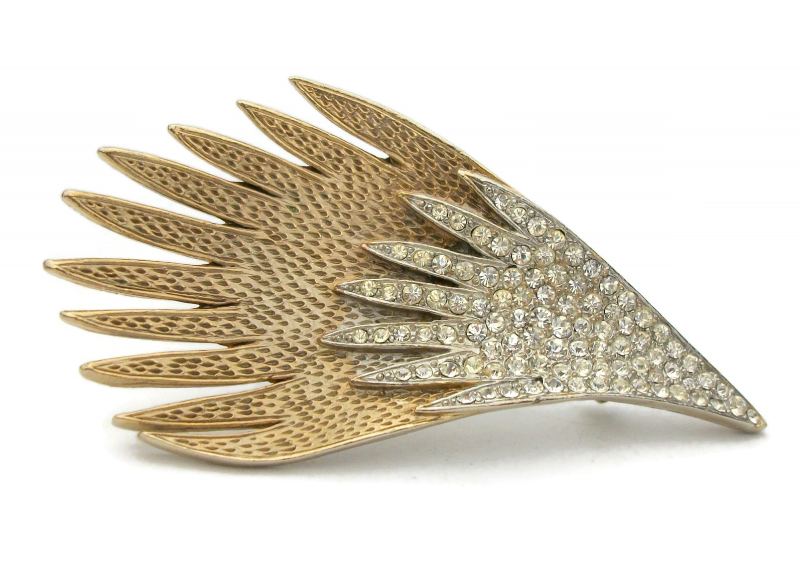 Vintage Pave Rhinestone Wing Brooch Lapel Pin Antiqued Gold Angel Wing ...