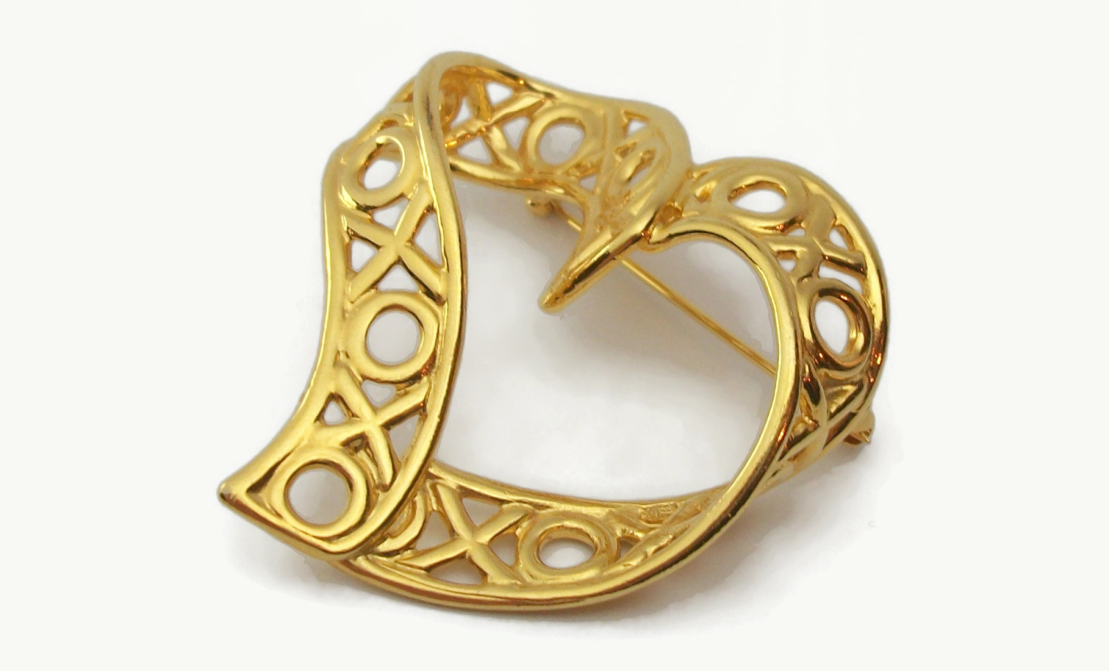 Vintage Anne Klein Heart Brooch Big Gold Openwork XOXO 3D Ribbon Heart ...