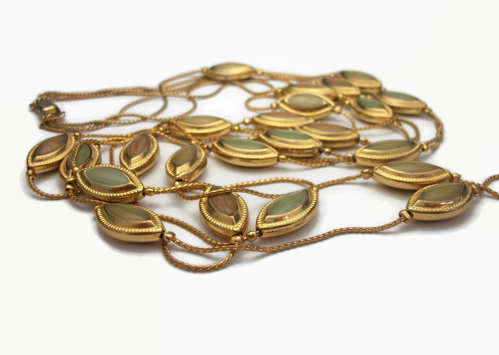 Vintage Triple Strand Long Gold Chain Necklace with Olive Taupe Enamel ...