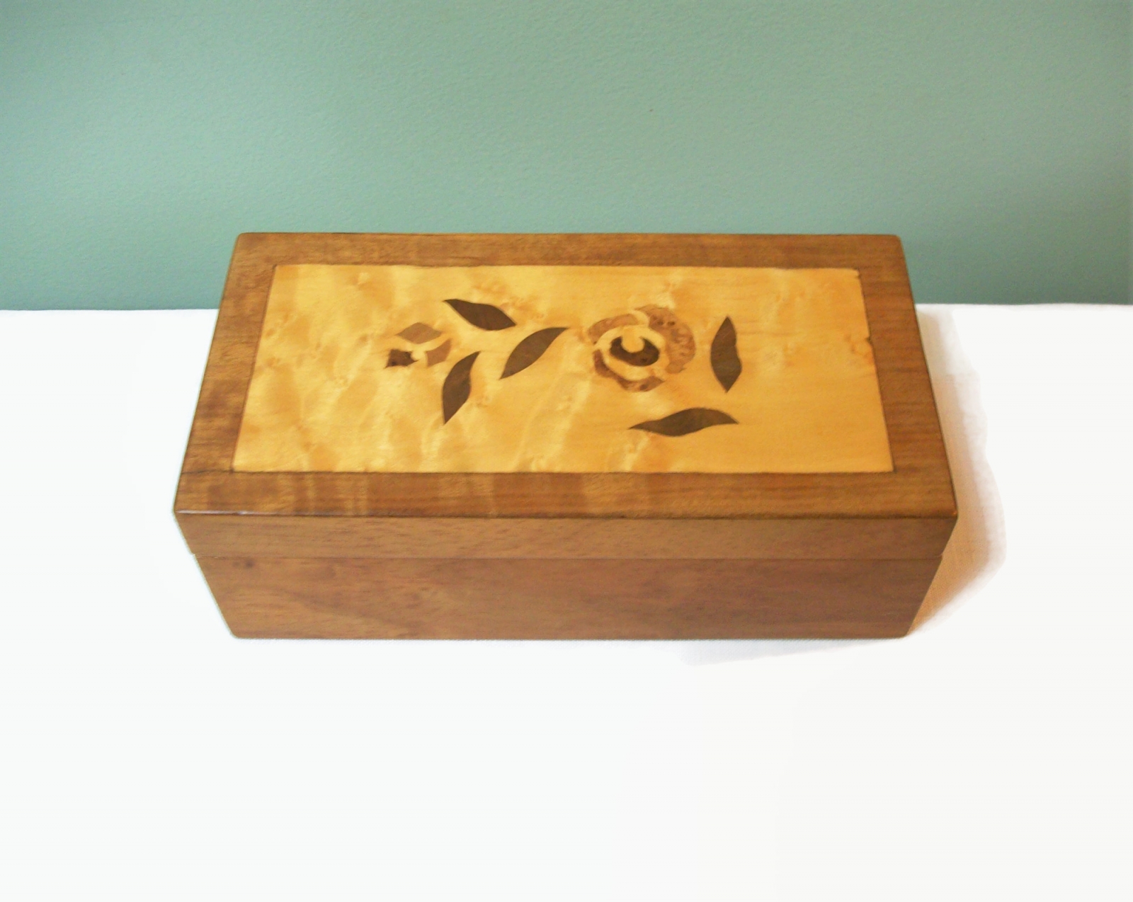 Vintage Wood Inlay Box with Rose Floral Motif Hinged Lid and Velvet ...