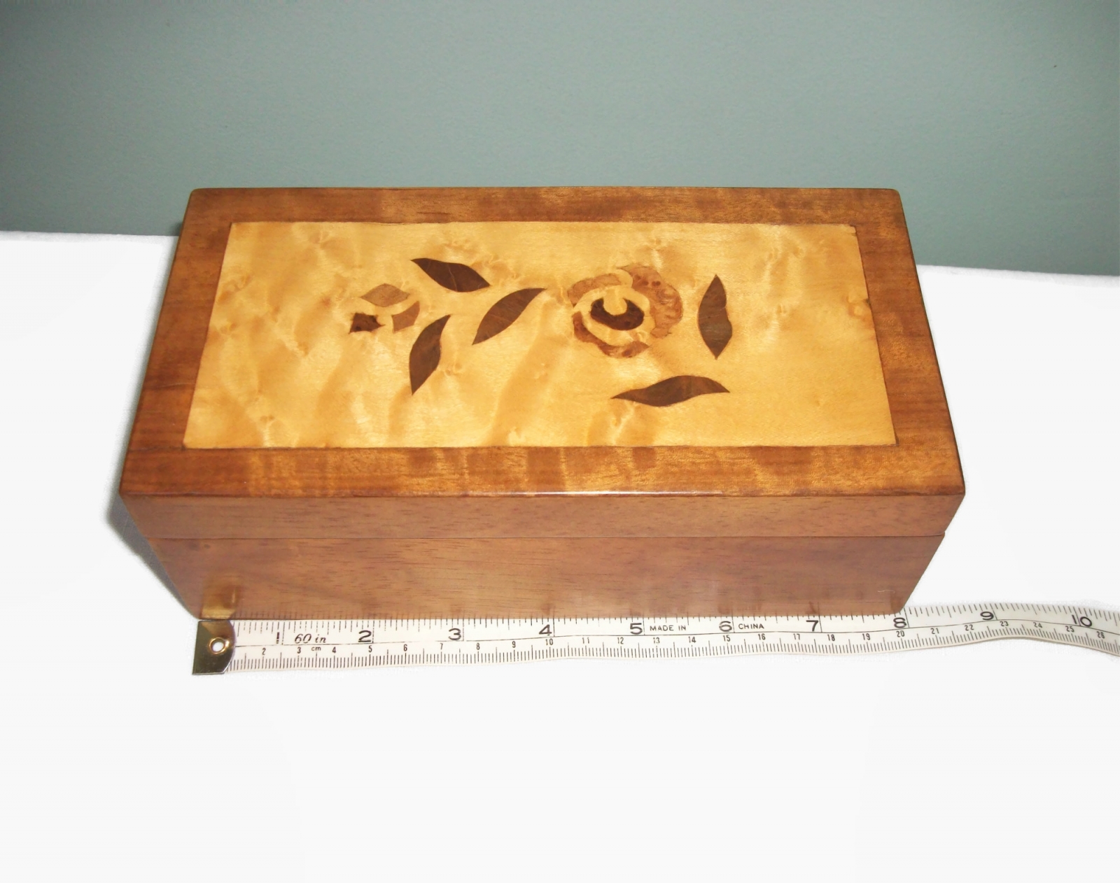 Vintage Wood Inlay Box with Rose Floral Motif Hinged Lid and Velvet ...