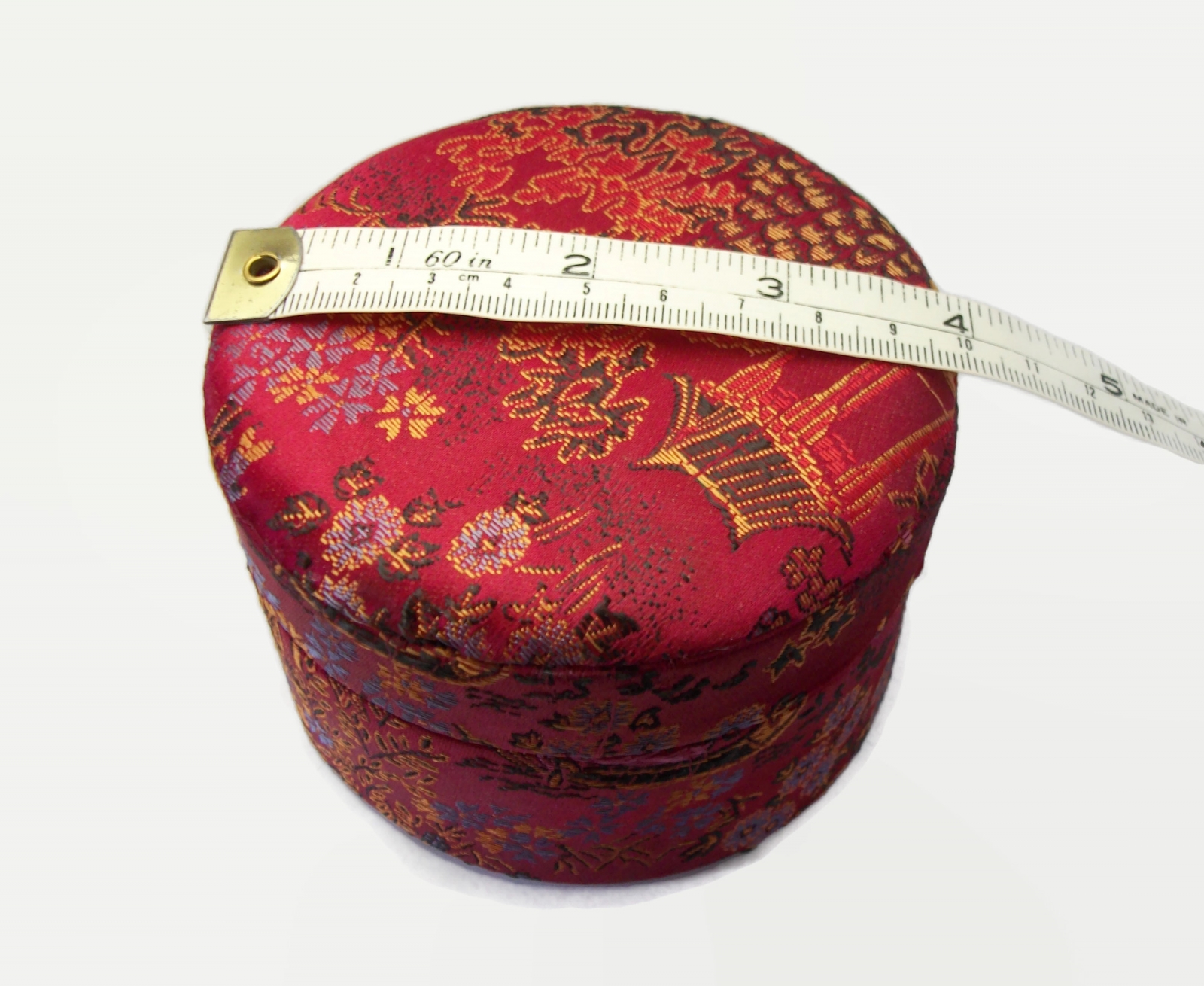 Vintage Asian Red Jacquard Fabric Trinket Box Round | Felt in My Heart ...