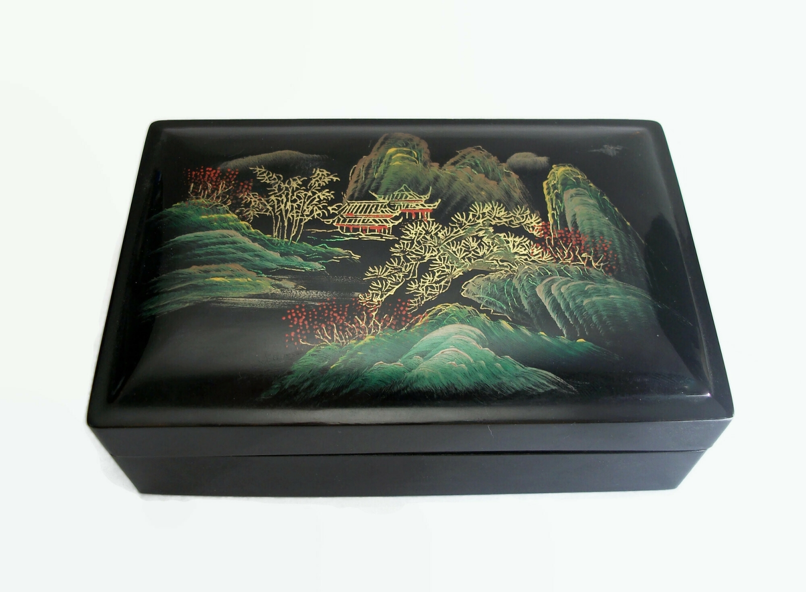 Vintage Black Lacquer Box with Asian Scene on Lid 3 1/2" x 5 3/8 ...