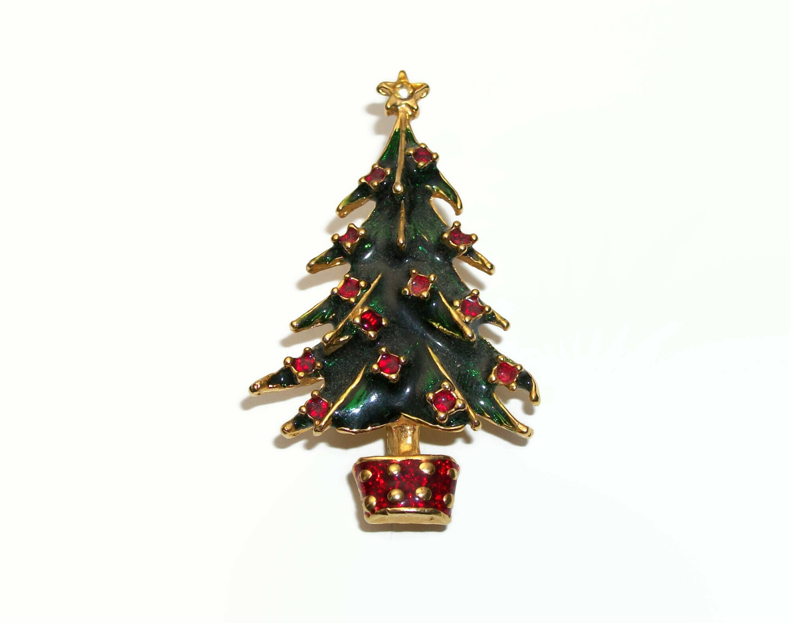 Vintage Enamel Christmas Tree Brooch Pin Gold with Green and Red Enamel ...