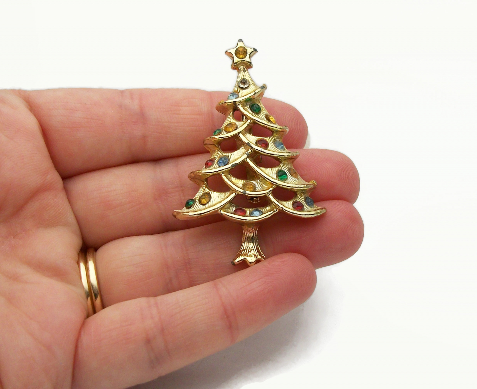 Vintage Gold Rhinestone Christmas Tree Brooch Pin | Felt in My Heart ...
