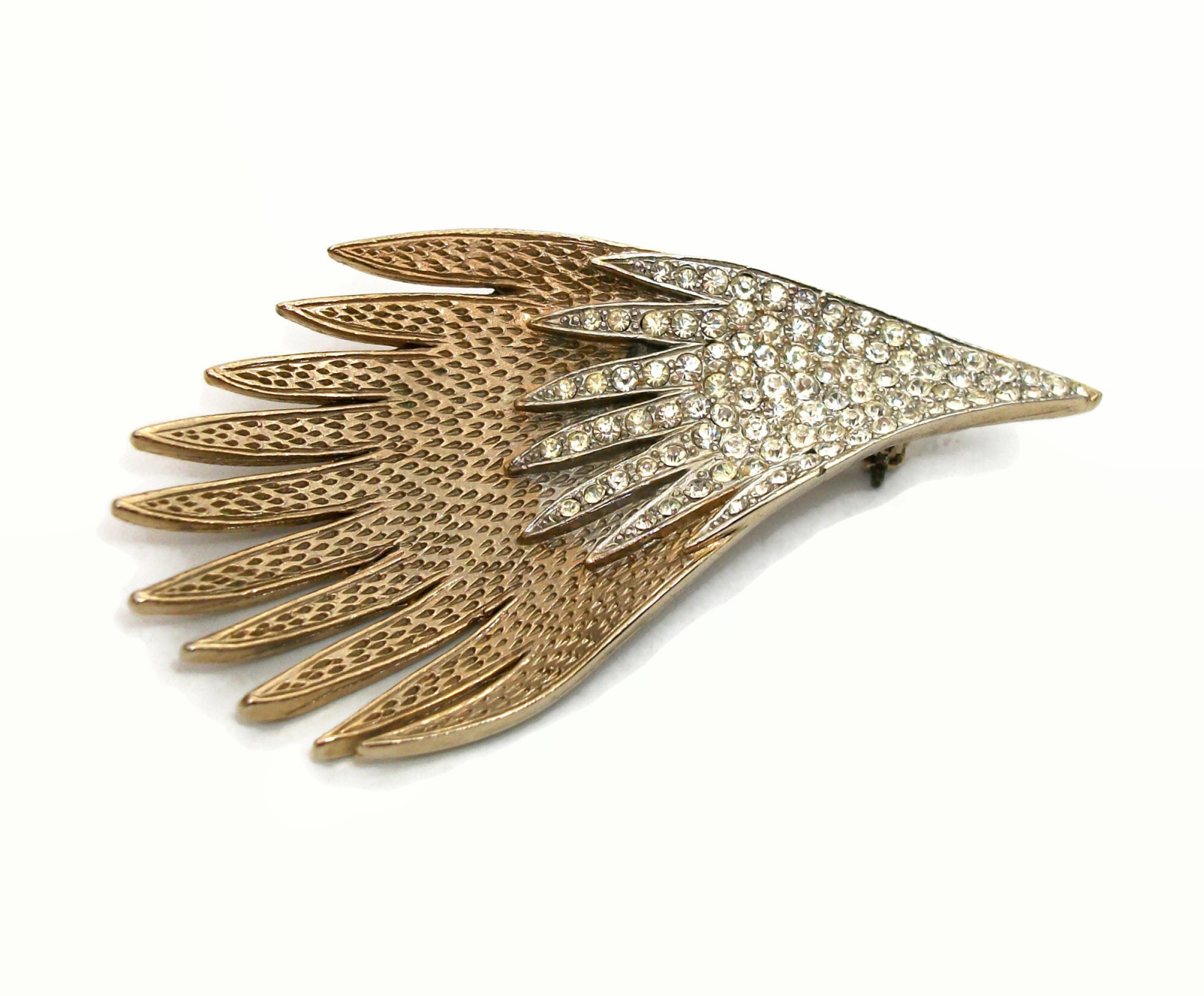 Vintage Pave Rhinestone Wing Brooch Lapel Pin Antiqued Gold Angel Wing ...