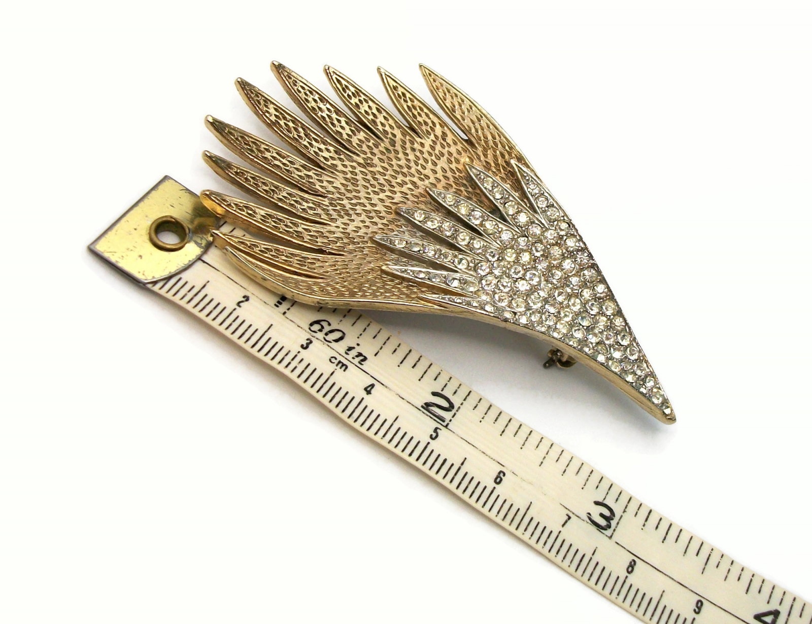Vintage Pave Rhinestone Wing Brooch Lapel Pin Antiqued Gold Angel Wing ...