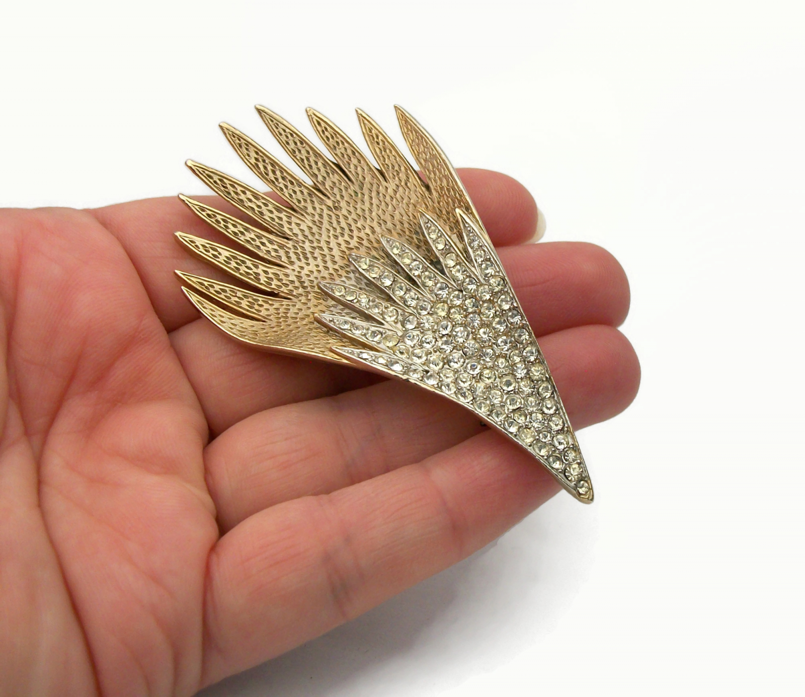 Vintage Pave Rhinestone Wing Brooch Lapel Pin Antiqued Gold Angel Wing ...