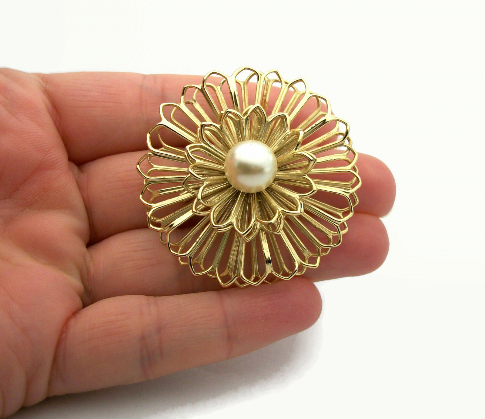 Vintage Gold Circle Pin Brooch with Pearl Accent 3D Round Openwork ...