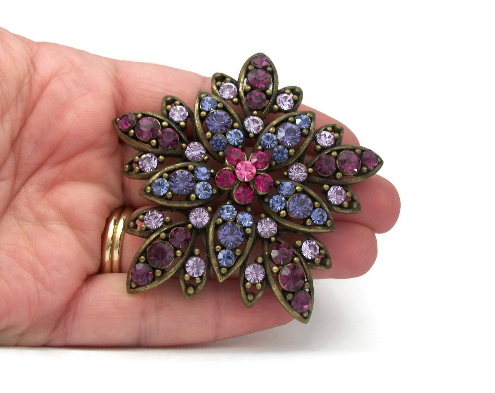 Vintage Purple Violet Lavender Crystal Rhinestone Floral Brooch Large