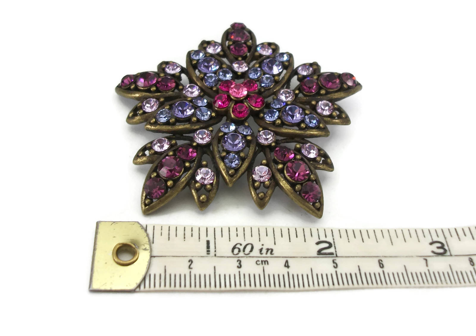 Vintage Purple Violet Lavender Crystal Rhinestone Floral Brooch Large