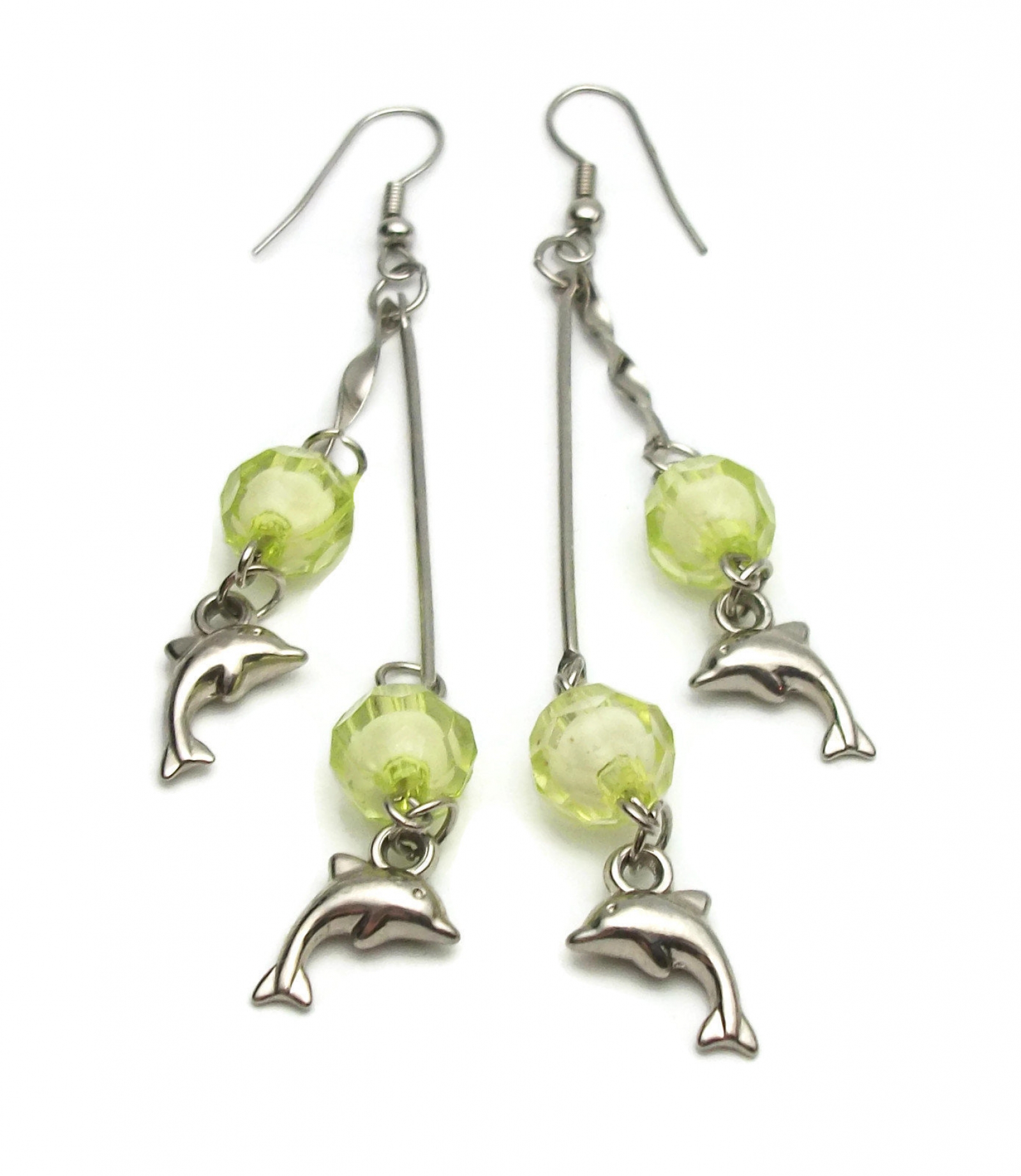 Vintage Long Dolphin Charm Dangle Earrings with Chartreuse Spring Green ...