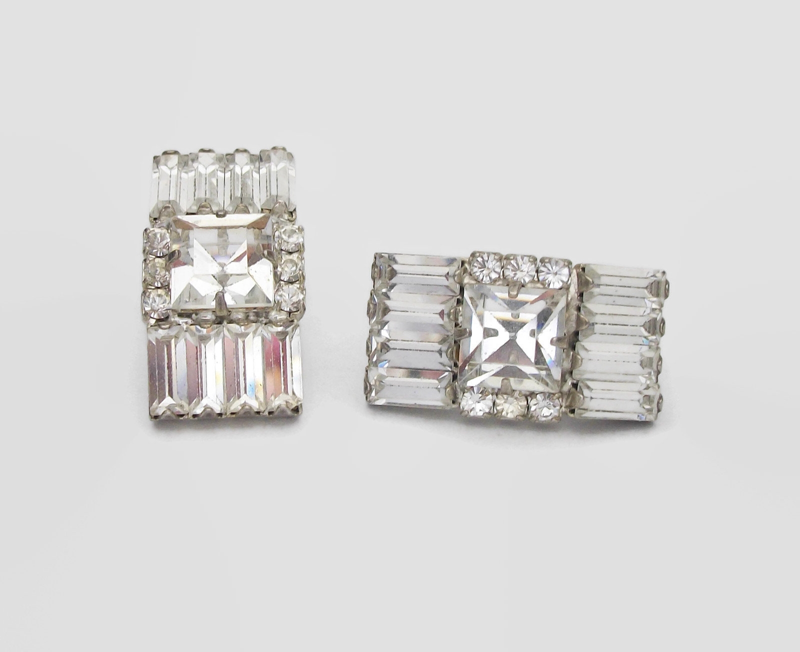 Vintage Clear Crystal Rhinestone Clip on Earrings Square Baguette and ...