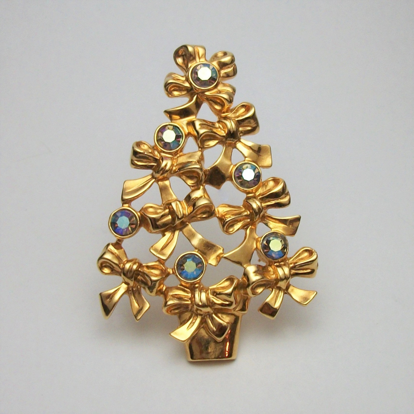 Vintage 1990s Avon Christmas Tree Brooch Gold with Blue AB Rhinestone ...