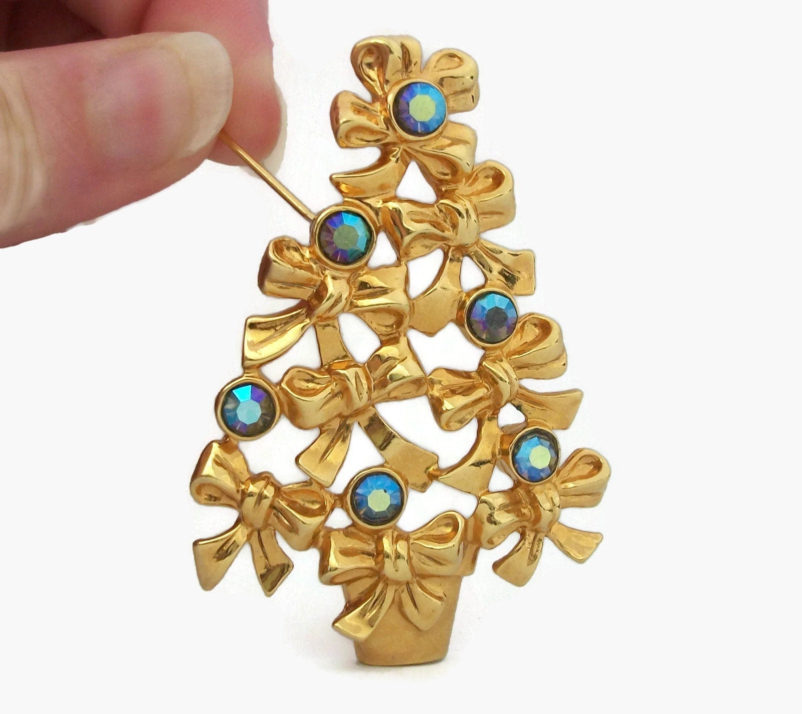 Vintage 1990s Avon Christmas Tree Brooch Gold with Blue AB Rhinestone ...