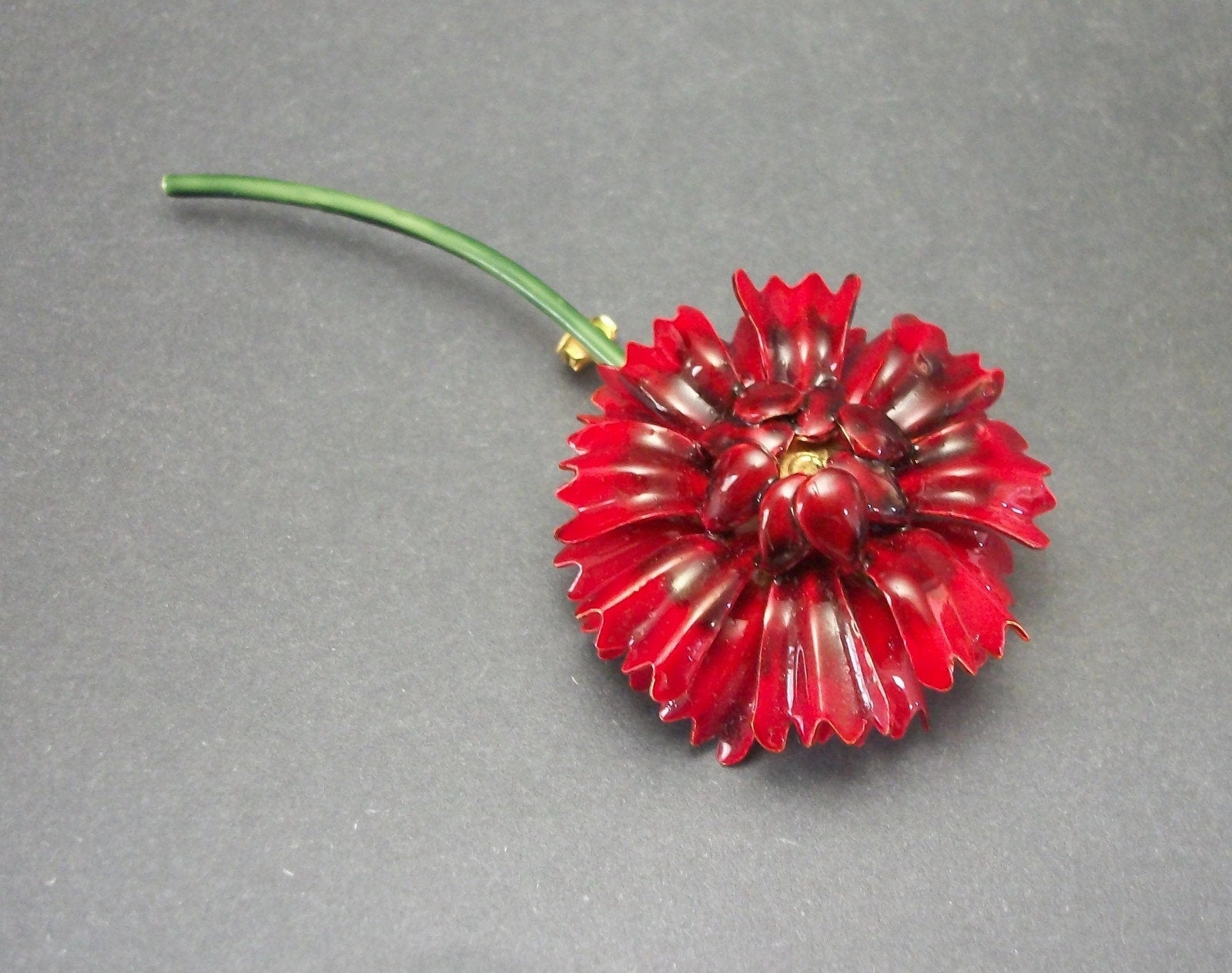 Vintage 1960s signed Sandor Red Enamel Chrysanthemum Flower Brooch or ...