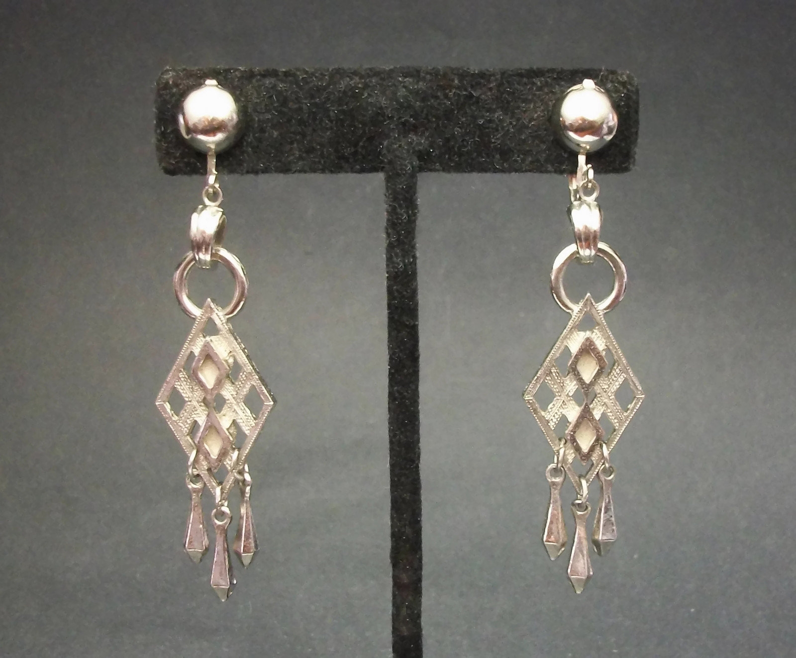 Vintage Long Silver Dangle Clip on Earrings Drop Earrings with Diamond ...