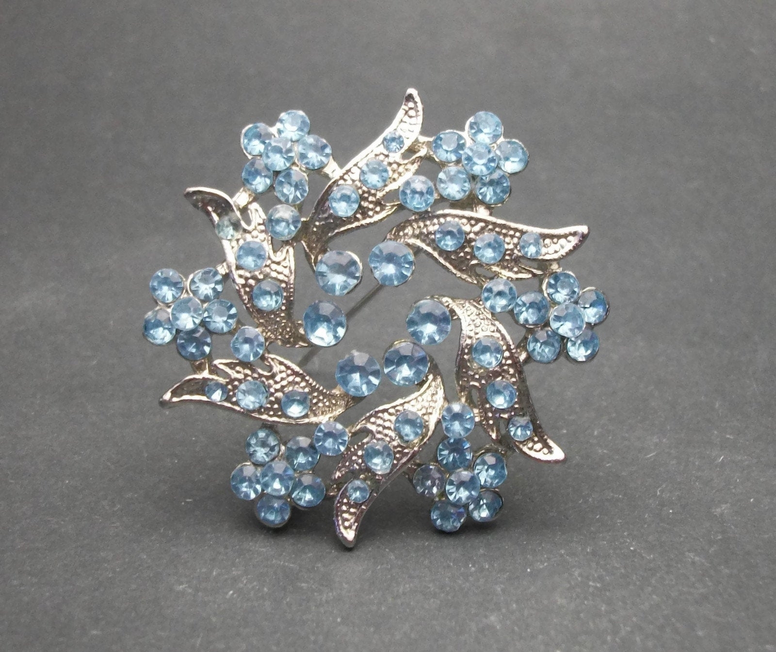 Vintage Silver and Blue Rhinestone Floral Wreath Brooch Lapel Pin ...