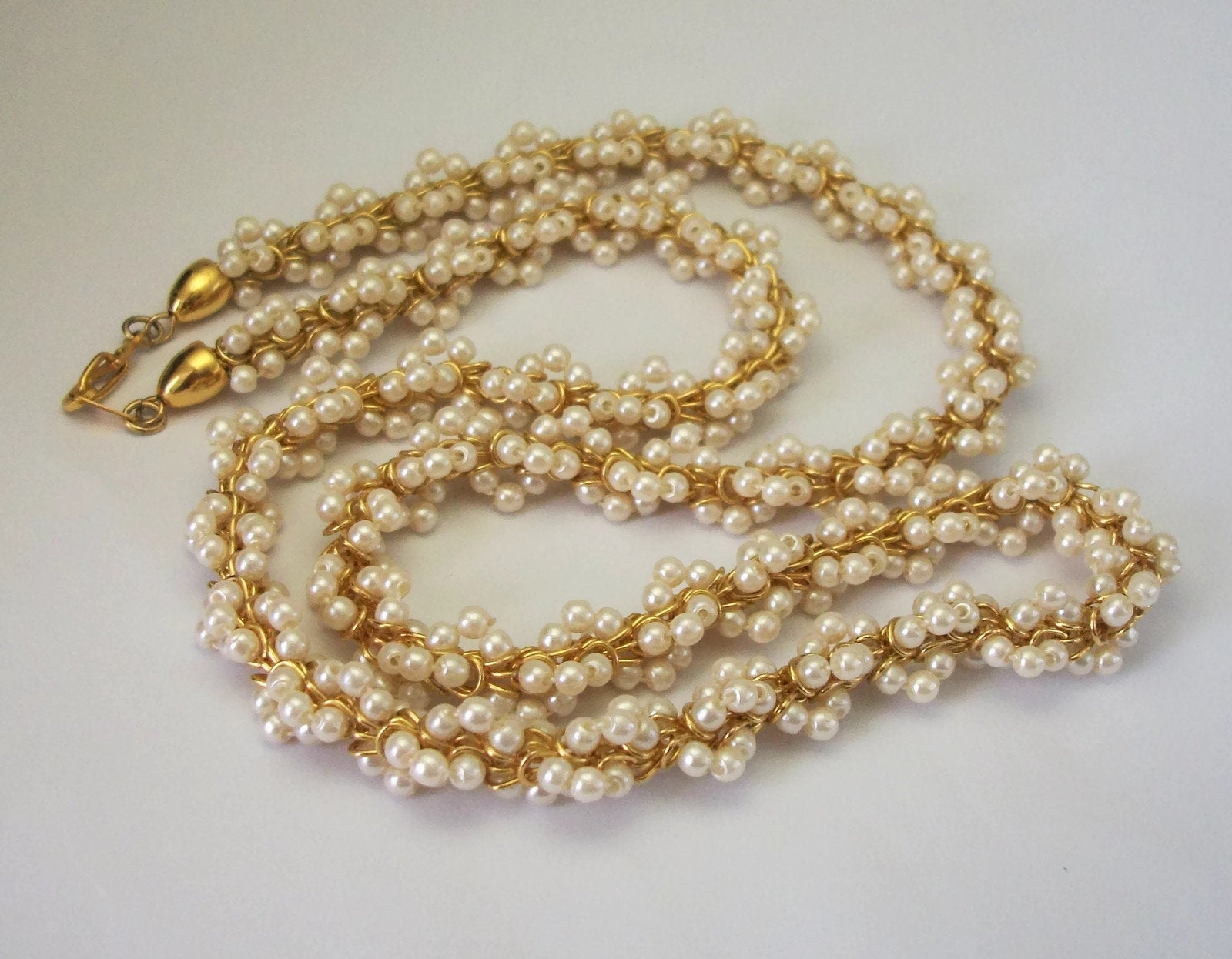 Vintage Pearl Cluster Twist Gold Tone Rope Necklace 24 Inch Long Small