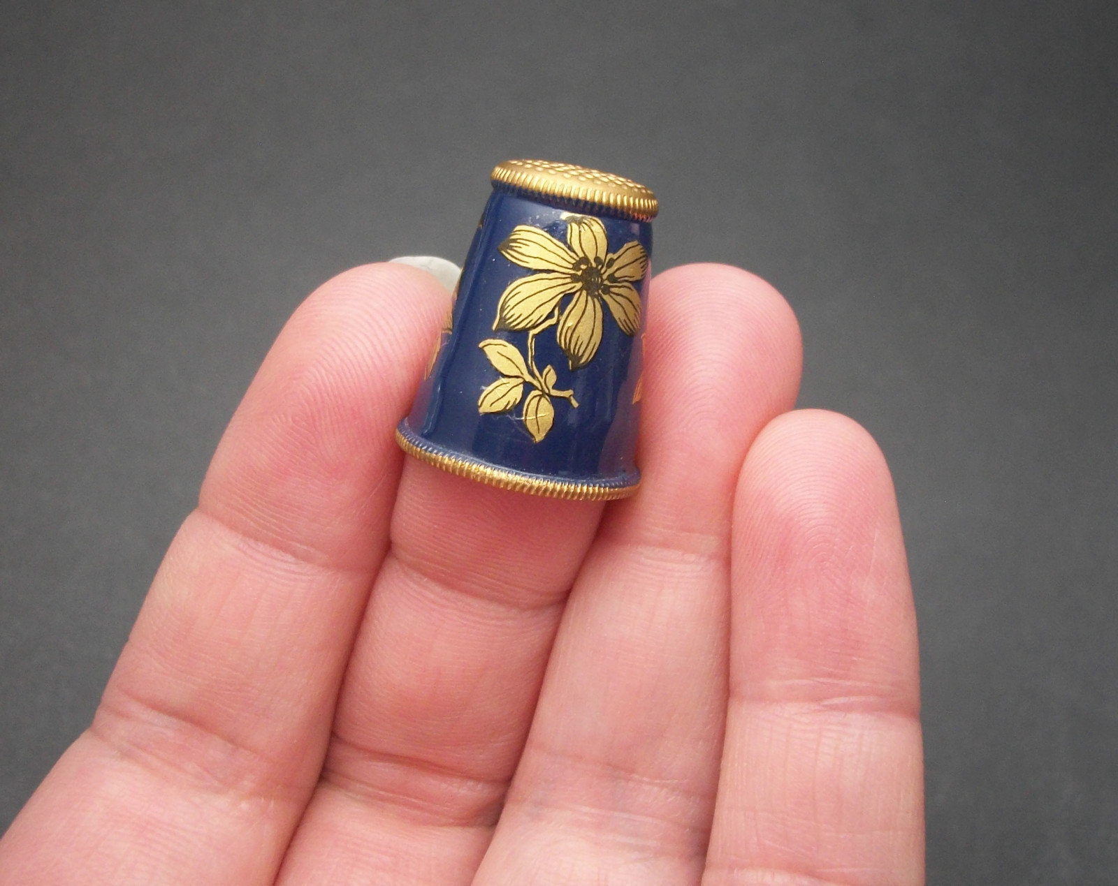 Vintage Austrian Gold and Navy Blue Enamel Thimble with Decoupage ...