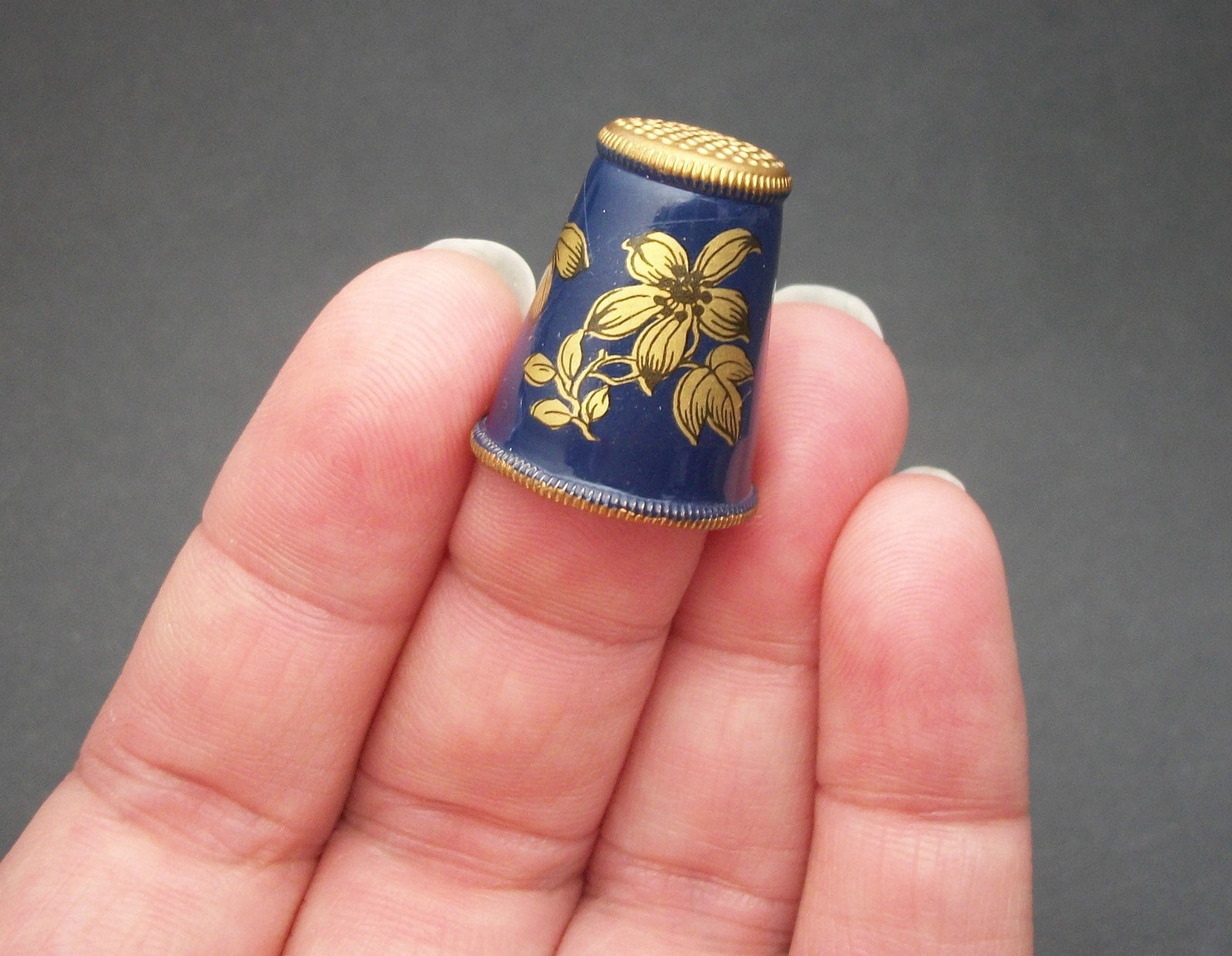 Vintage Austrian Gold and Navy Blue Enamel Thimble with Decoupage ...