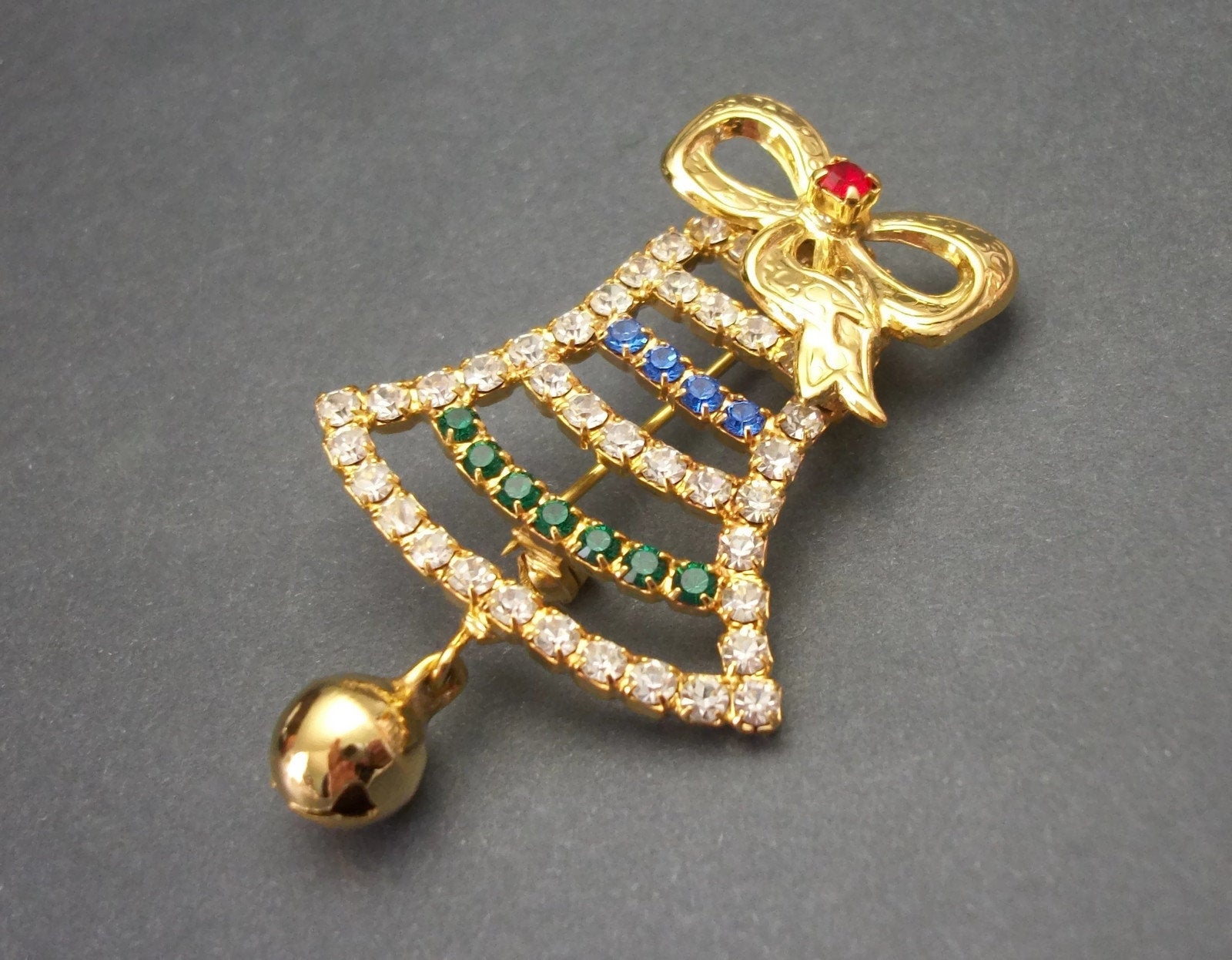 Vintage Rhinestone Jingle Bell Christmas Brooch Gold with Clear Blue ...