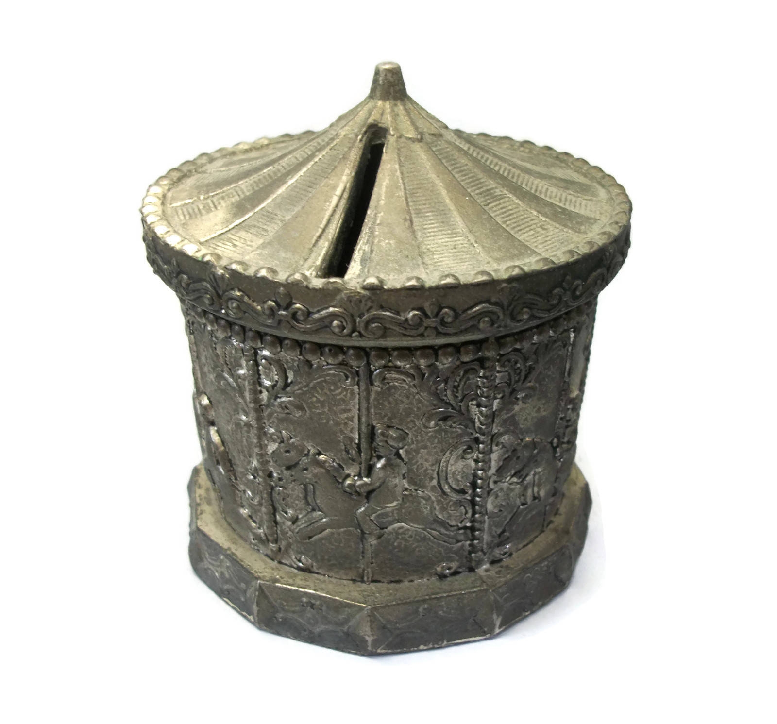 Vintage Silverplate Carousel Coin Bank Metal Merry Go Round Silver ...