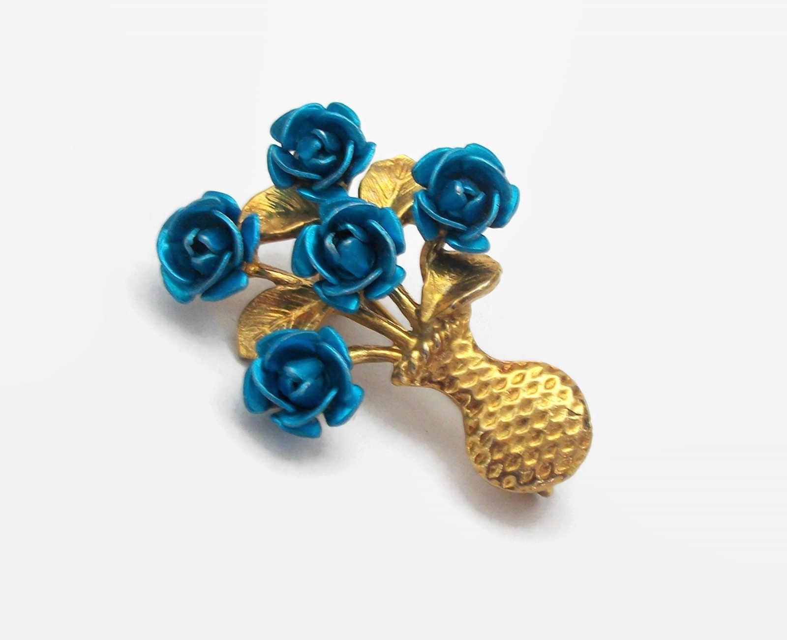 Vintage Teal Rose Bouquet Brooch Gold with Metallic Teal Roses Flowers ...