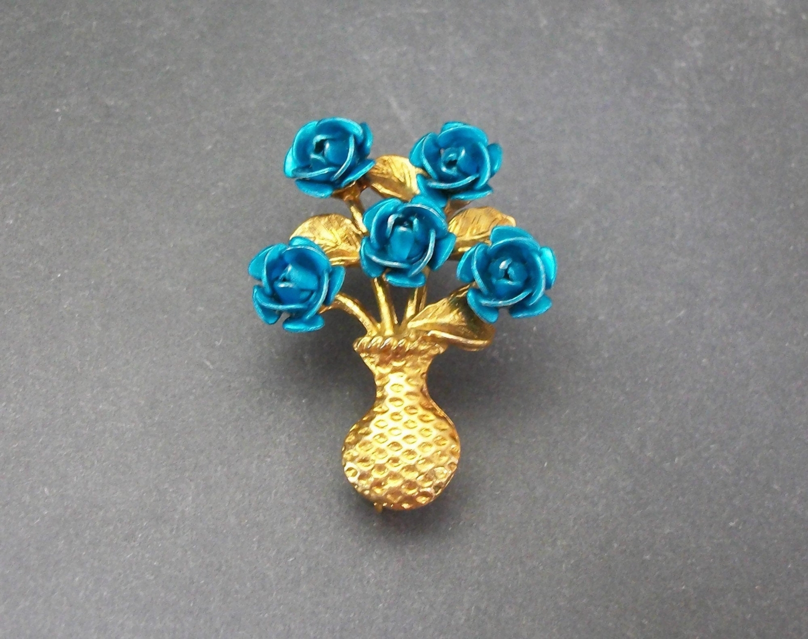 Vintage Teal Rose Bouquet Brooch Gold with Metallic Teal Roses Flowers ...