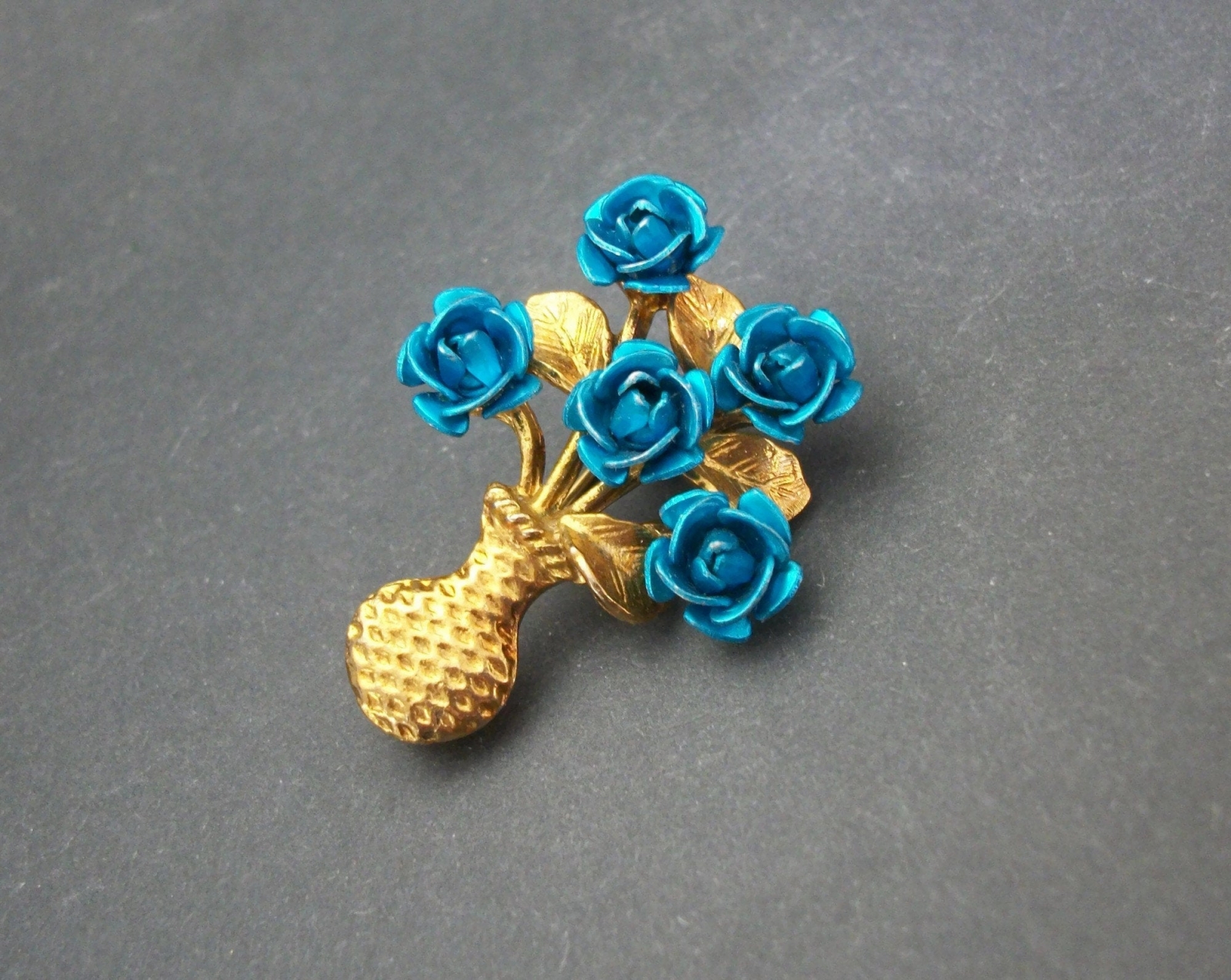 Vintage Teal Rose Bouquet Brooch Gold with Metallic Teal Roses Flowers ...