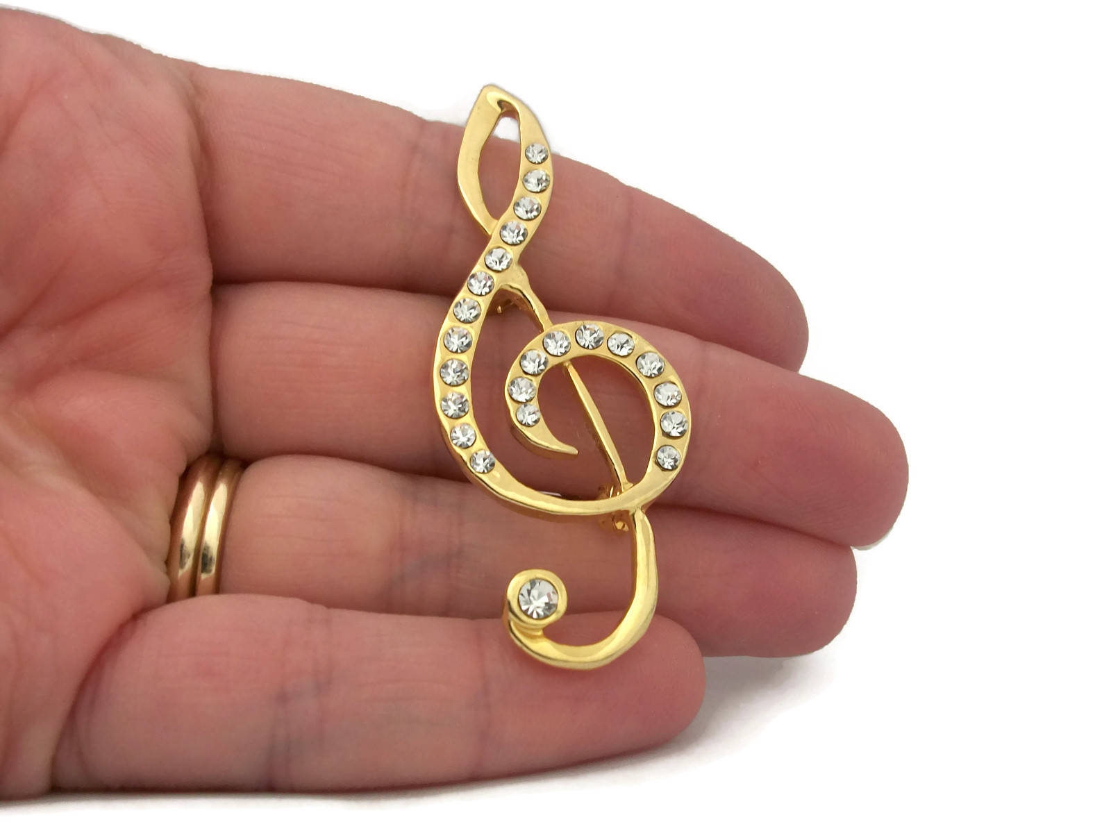 Vintage Treble Clef Brooch Clear Rhinestone Gold Music Lapel Pin Gift ...