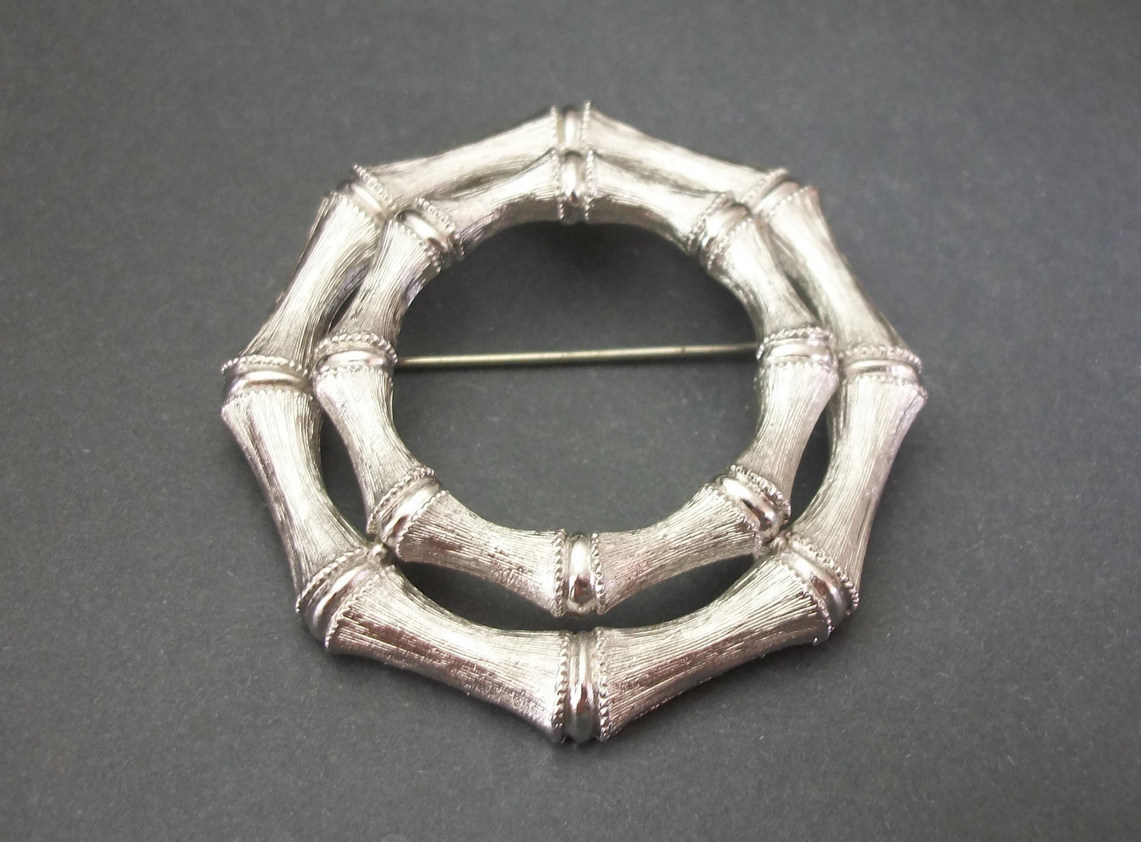 Vintage Monet Silver Tone Bamboo Brooch Circle Pin Elegant Bamboo ...