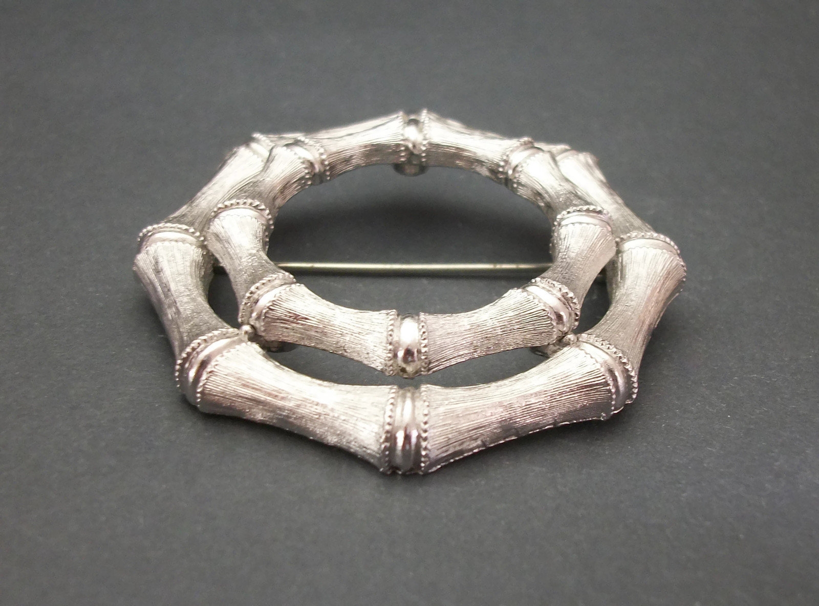 Vintage Monet Silver Tone Bamboo Brooch Circle Pin Elegant Bamboo ...