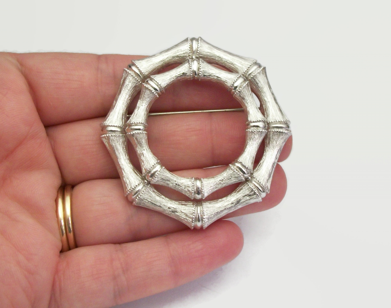 Vintage Monet Silver Tone Bamboo Brooch Circle Pin Elegant Bamboo ...