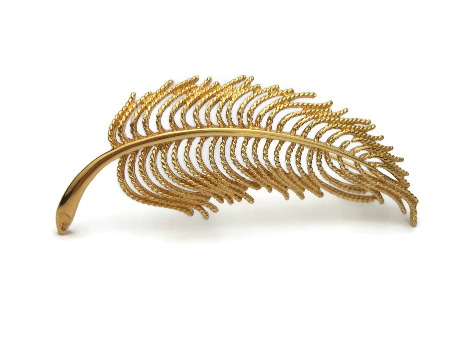 Monet Gold Tone Feather Brooch Wispy Elegant Openwork Plume Brooch Gold ...