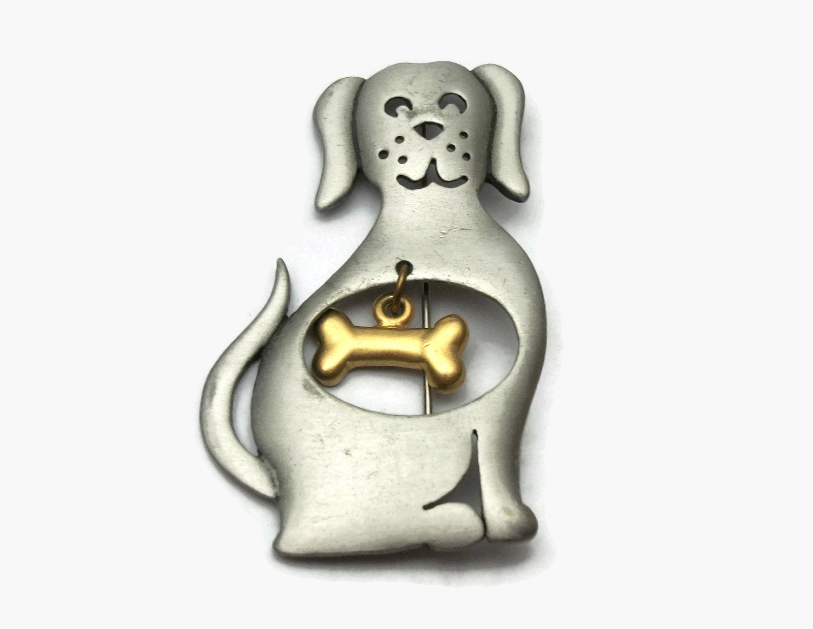 JJ Jonette Pewter Dog Brooch with Bone Charm Silver and Gold Mixed ...