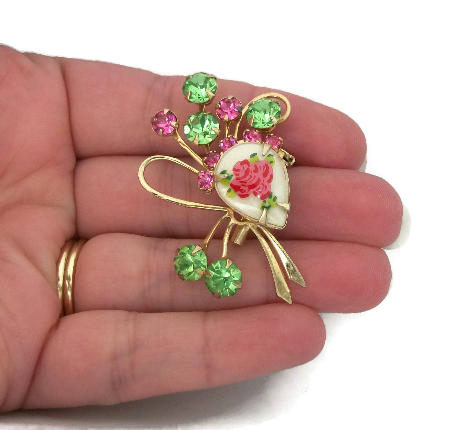 Vintage Pink and Green Rhinestone Floral Spray Brooch Prong Set Riveted ...