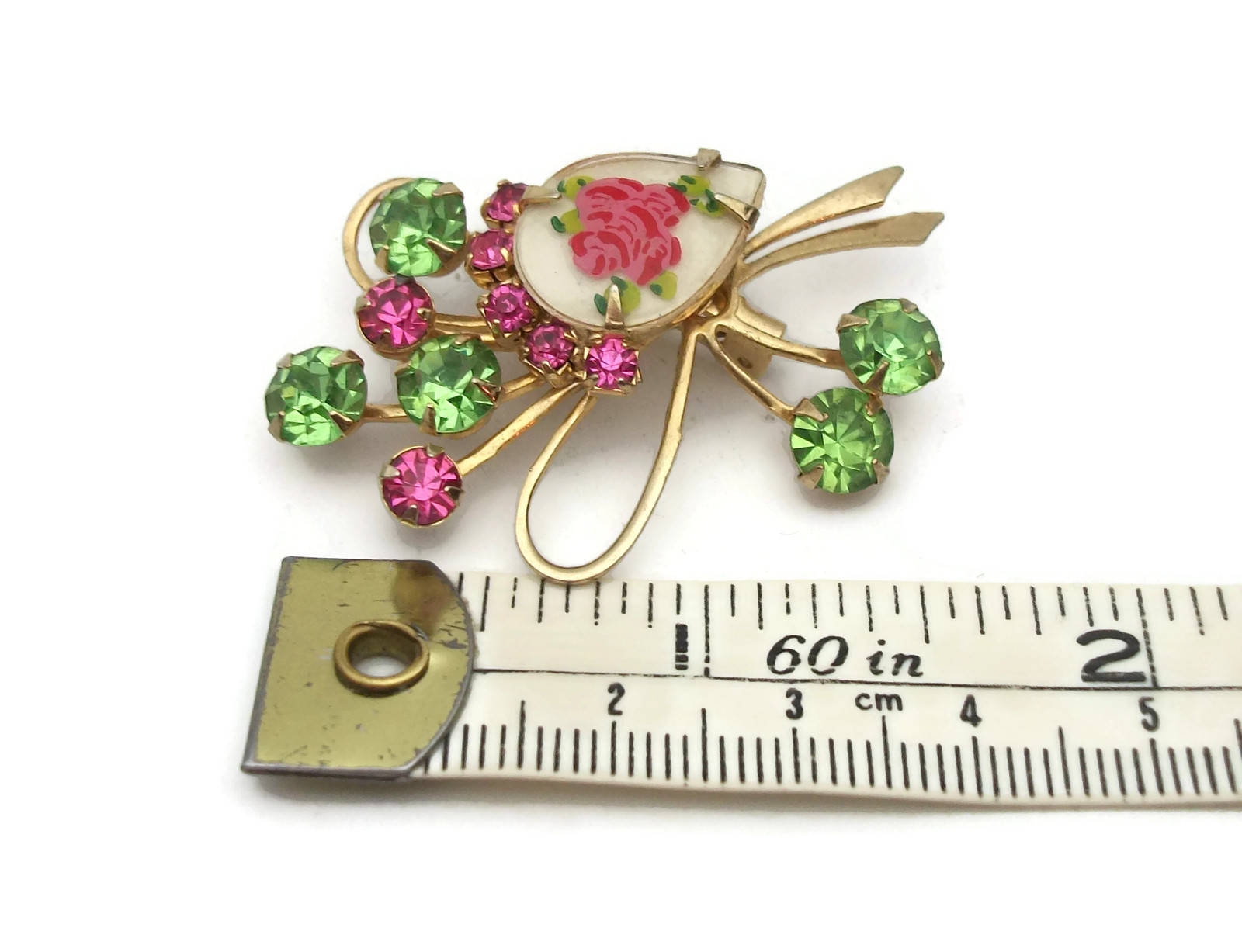 Vintage Pink and Green Rhinestone Floral Spray Brooch Prong Set Riveted ...