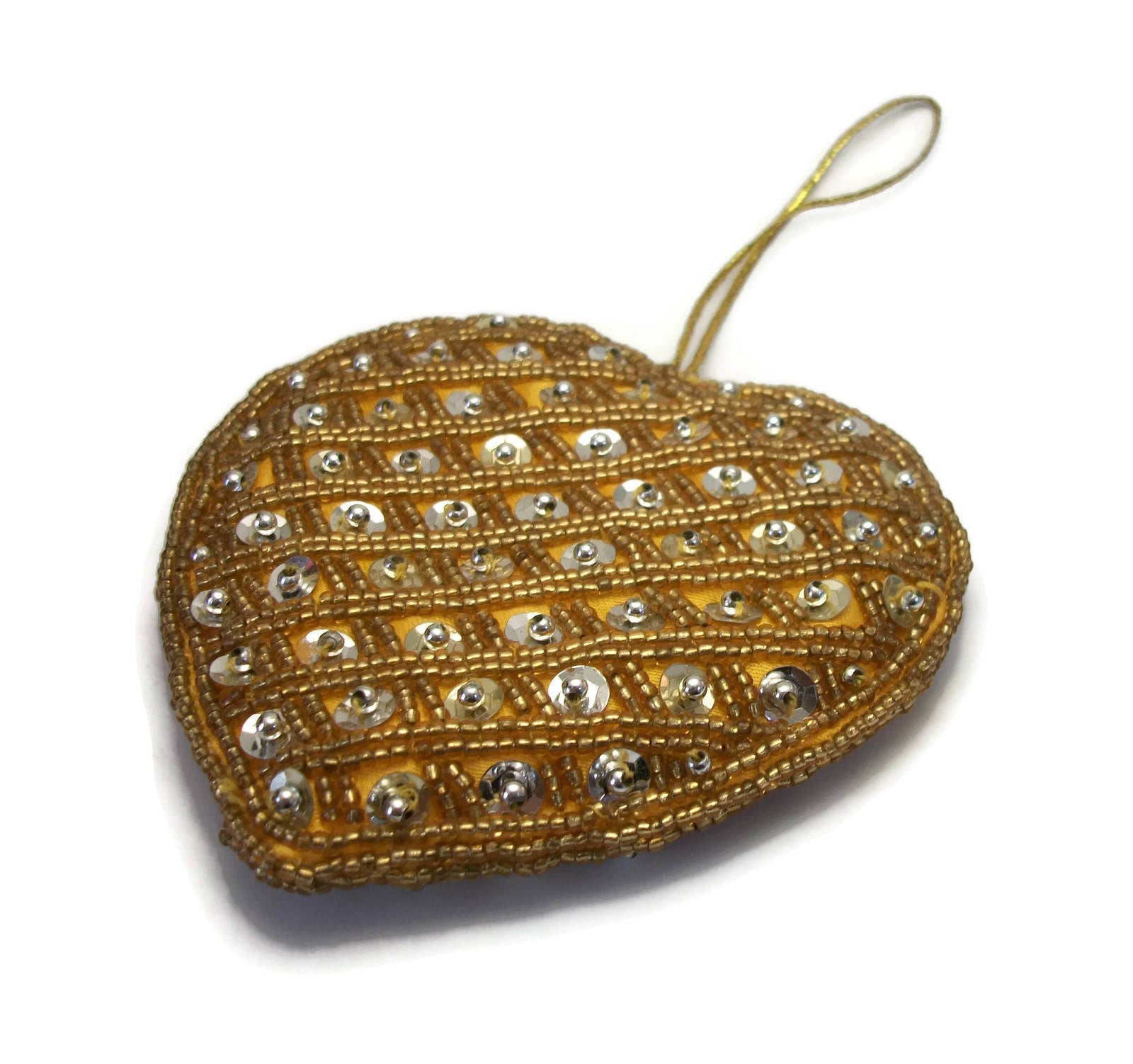 Large 4 inch Sequin and Gold Seed Bead Heart Ornament Big 4" Golden ...