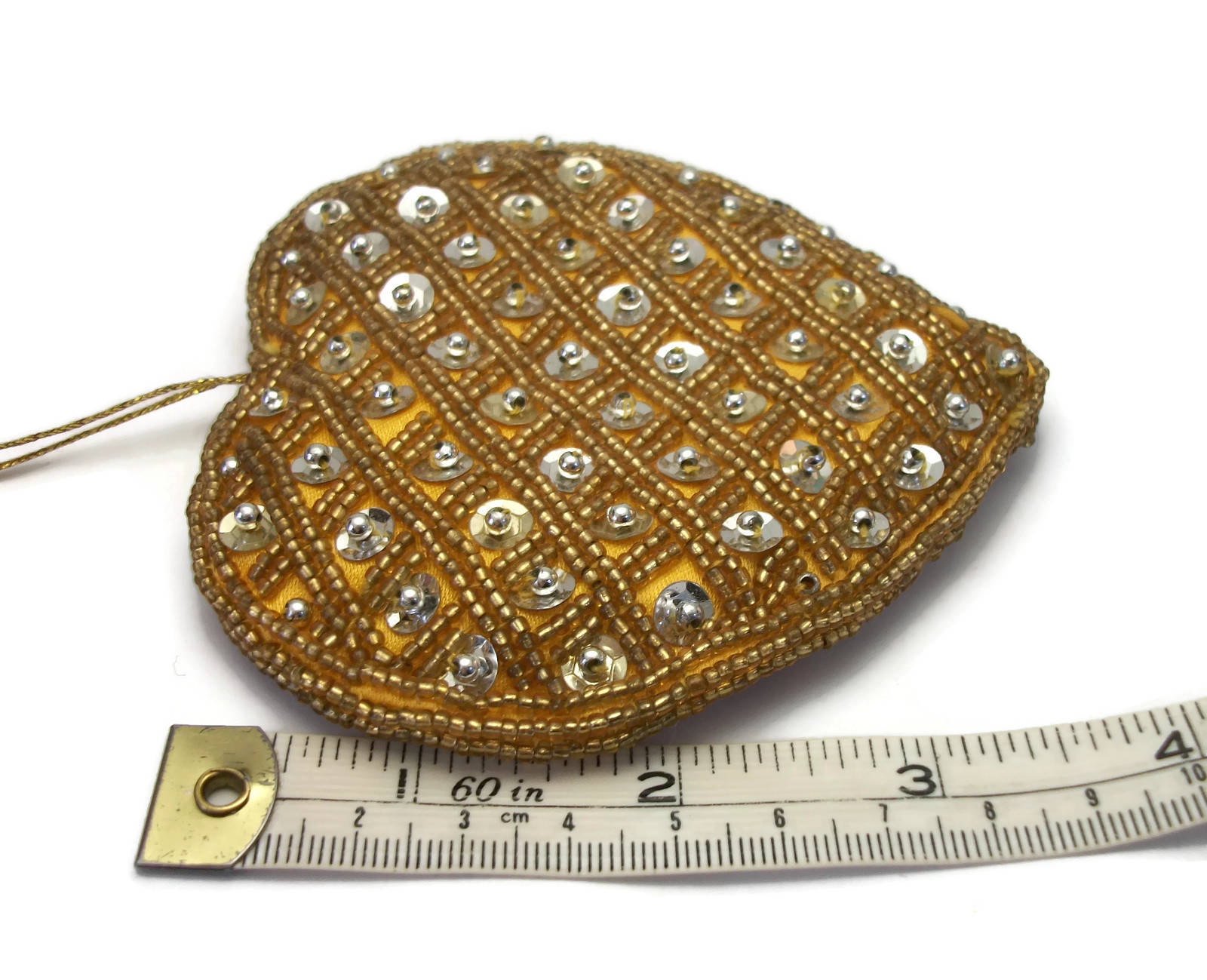 Large 4 inch Sequin and Gold Seed Bead Heart Ornament Big 4" Golden ...