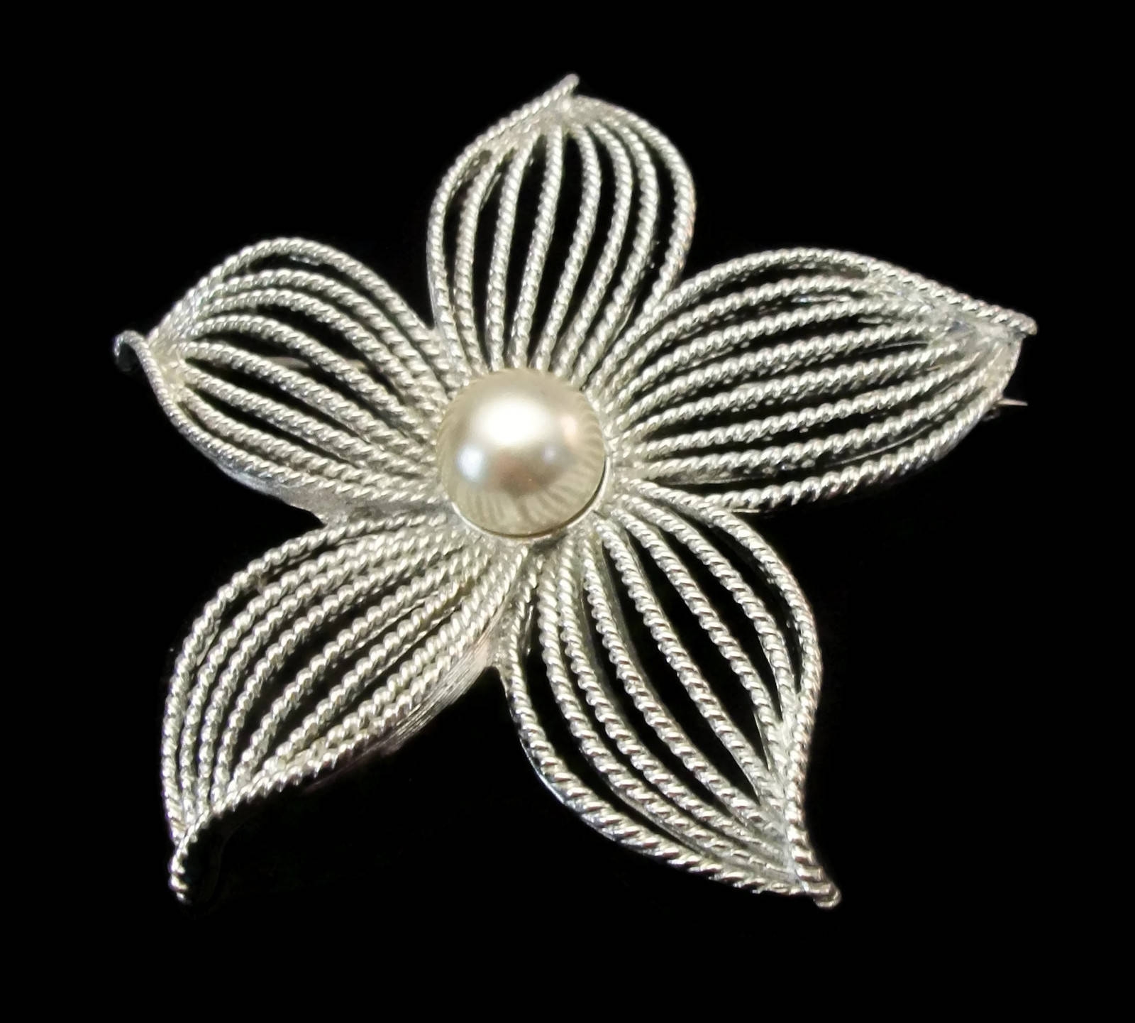 1960s Sarah Coventry Silver Flower Brooch 1967 "Moonflower" Faux Pearl ...