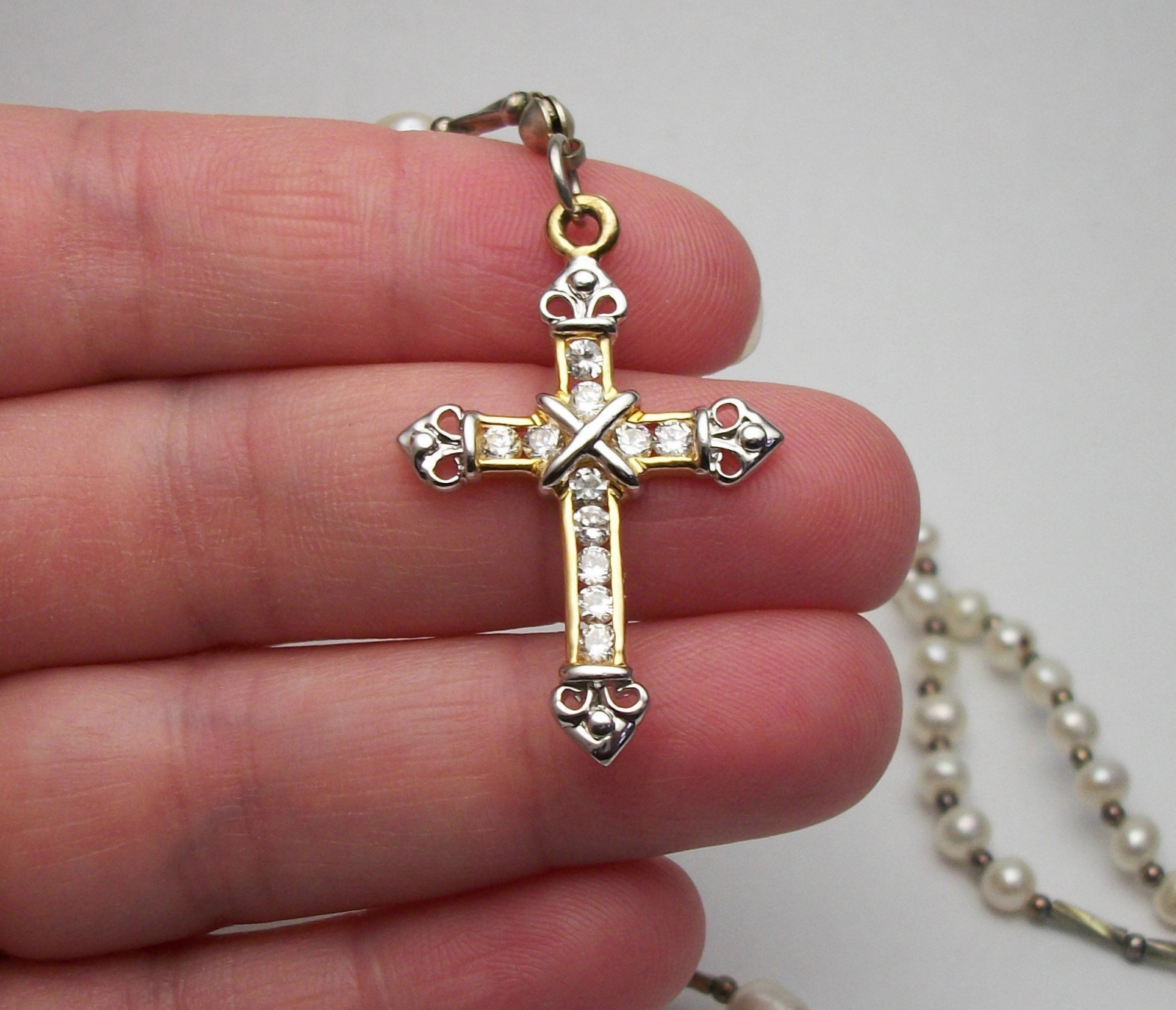 Vintage Freshwater Pearls Rosary Beads with Silver and Gold Cross with ...