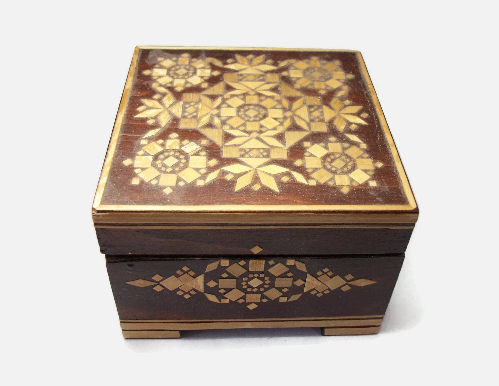 Vintage Wood Inlay 3 1/2" Square Box Made in Russia Lined Purple Plush ...