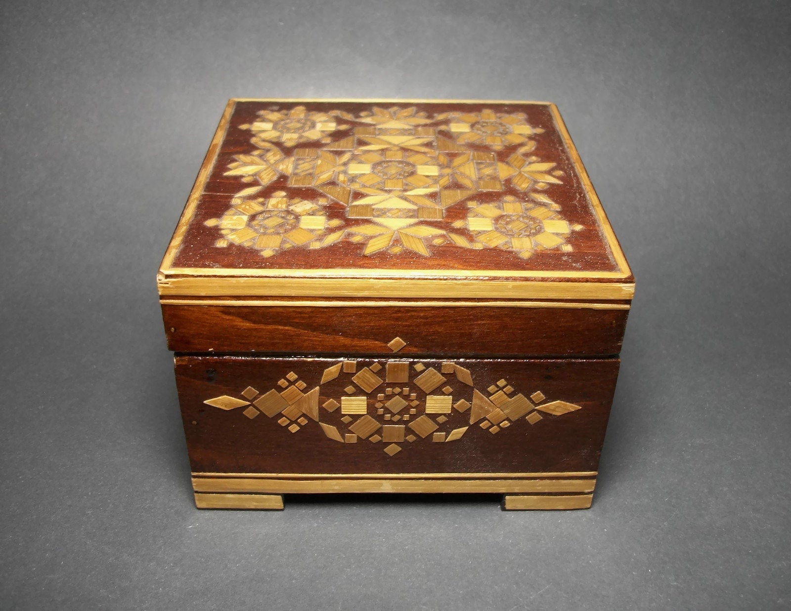 Vintage Wood Inlay 3 1/2" Square Box Made in Russia Lined Purple Plush ...