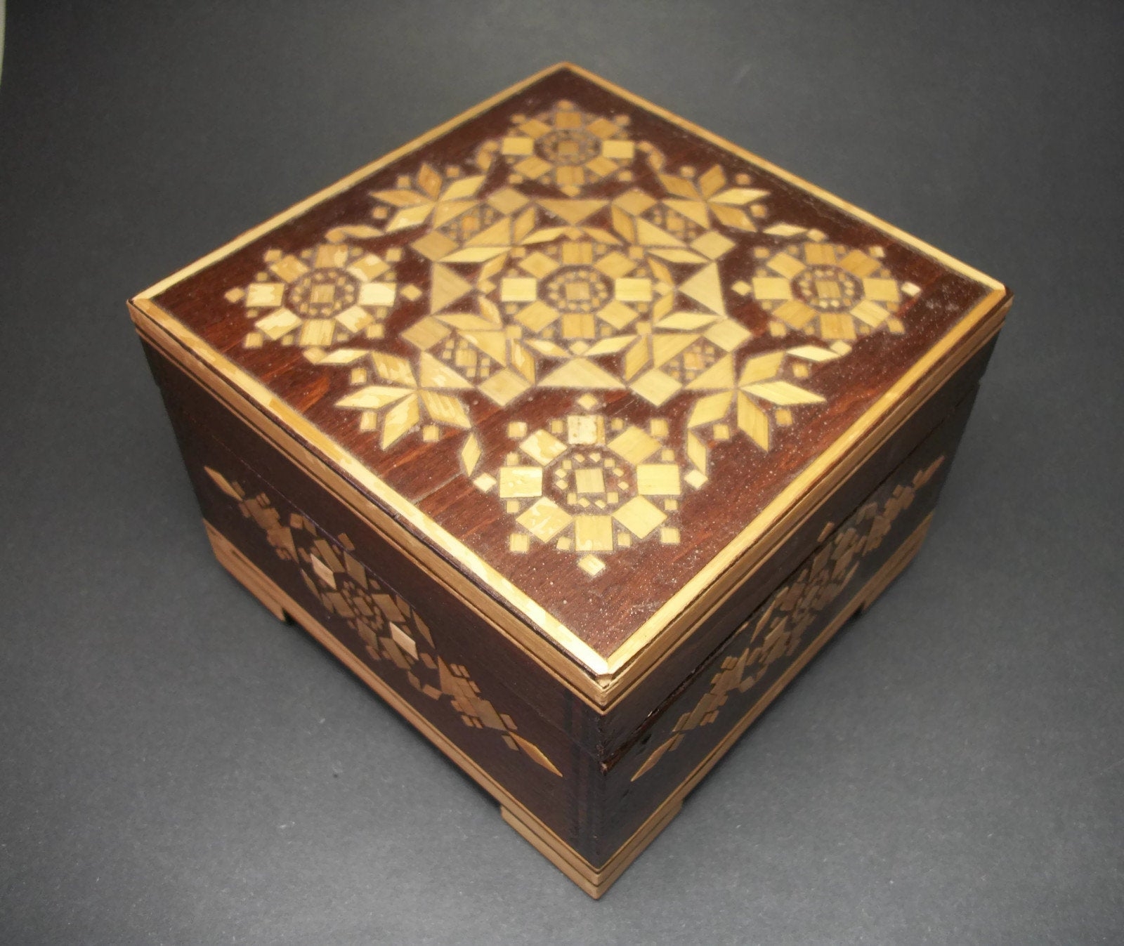 Vintage Wood Inlay 3 1/2" Square Box Made in Russia Lined Purple Plush ...