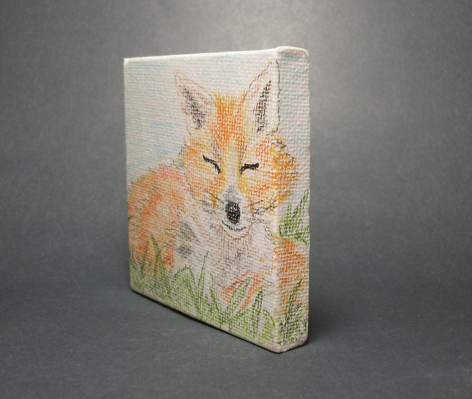 Sleeping Fox Drawing on Miniature Canvas Colored Pencil Tiny Art Cute ...